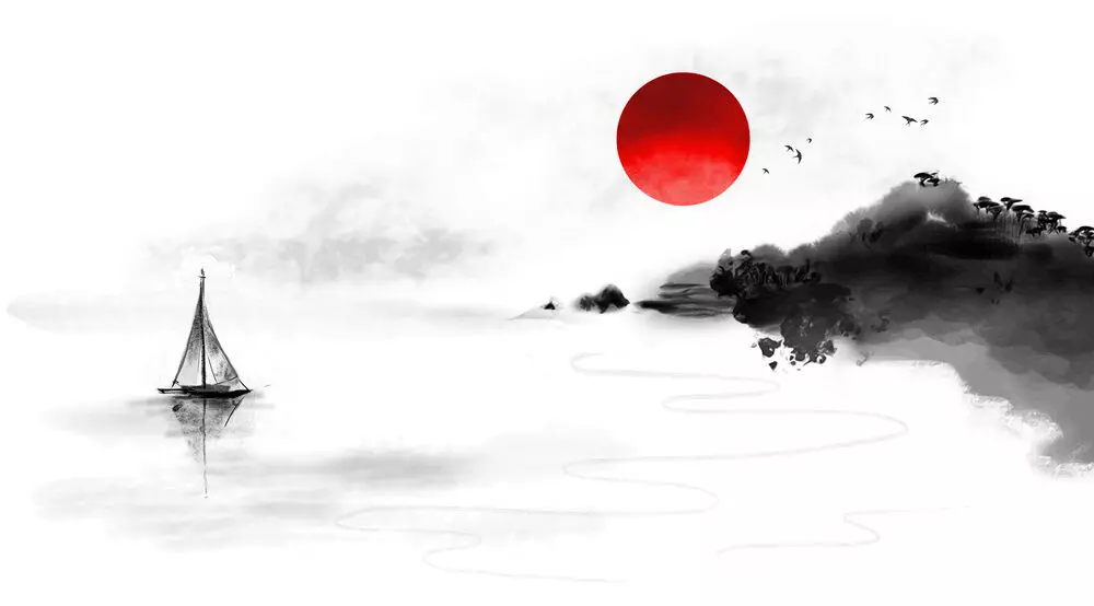 Asian Seascape Ink Wash Painting 4361 Mural by Magic Murals