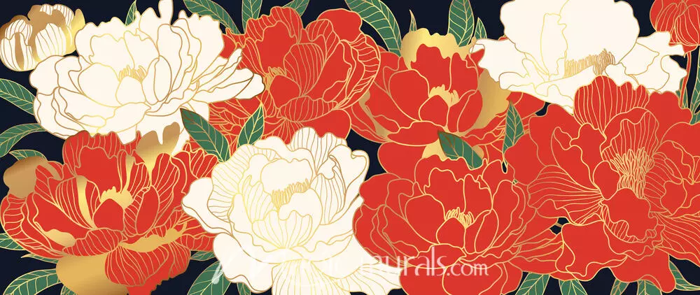 Red and White Lotus in Gold 1783 Mural by Magic Murals