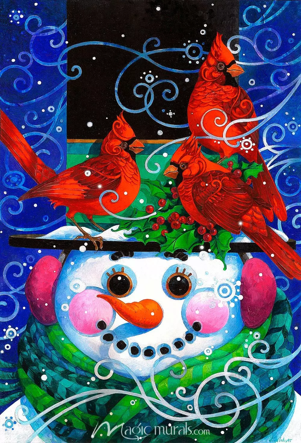 Snowman and Cardinals Wallpaper Mural by Magic Murals
