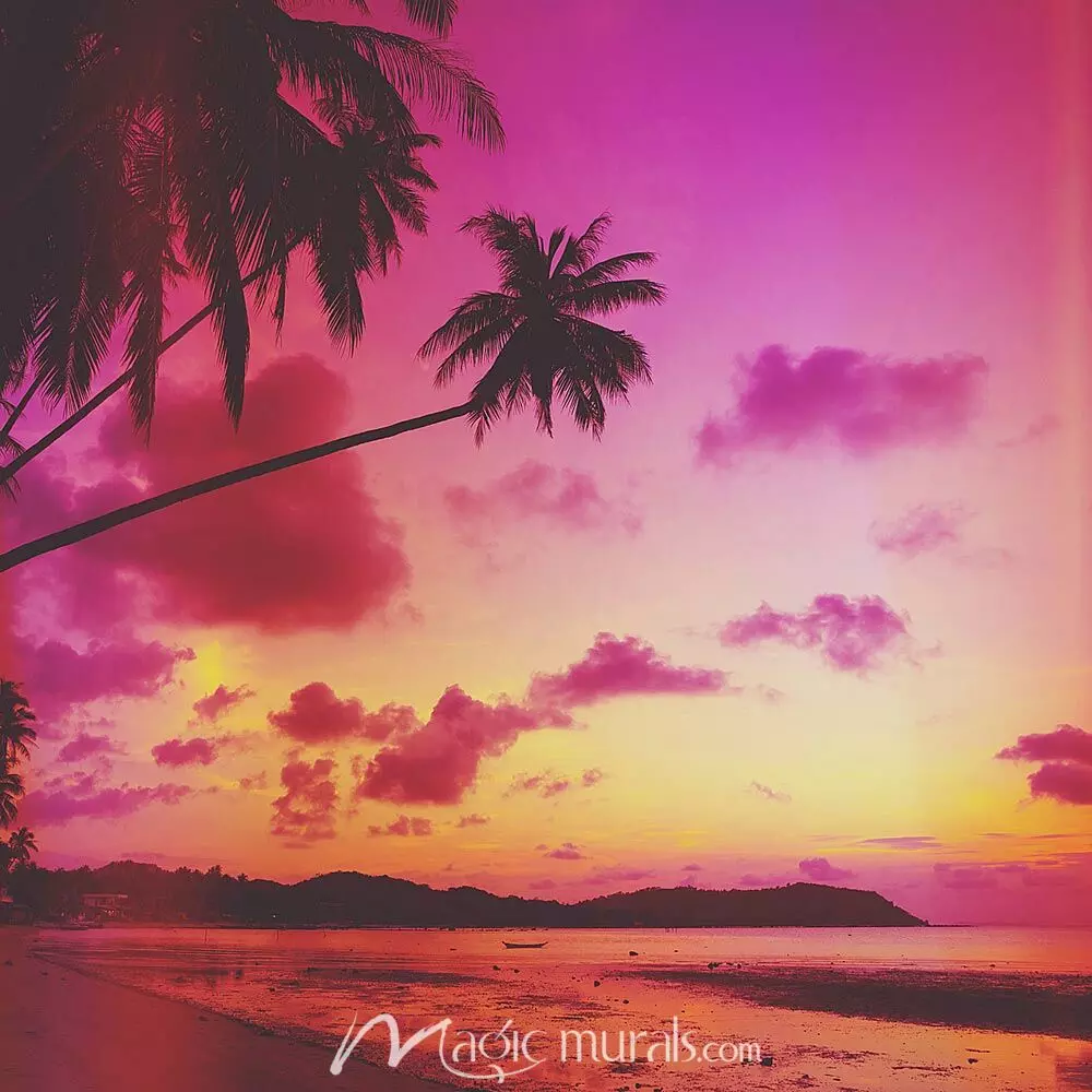 Pink Tropical Beach with Palm Wallpaper Mural by Magic Murals
