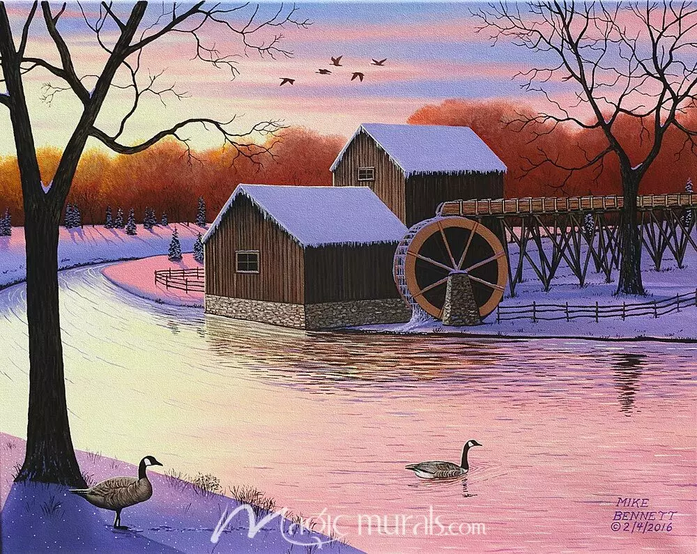 Winter at the Old Grist Mill Wallpaper Mural by Magic Murals