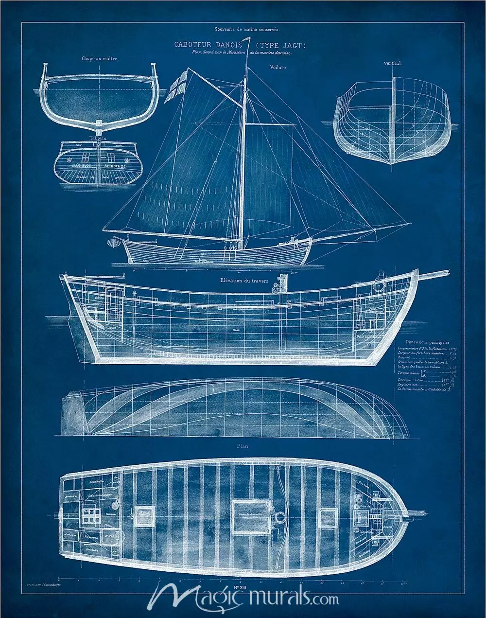 Antique Ship Blueprint II Wallpaper Mural by Magic Murals
