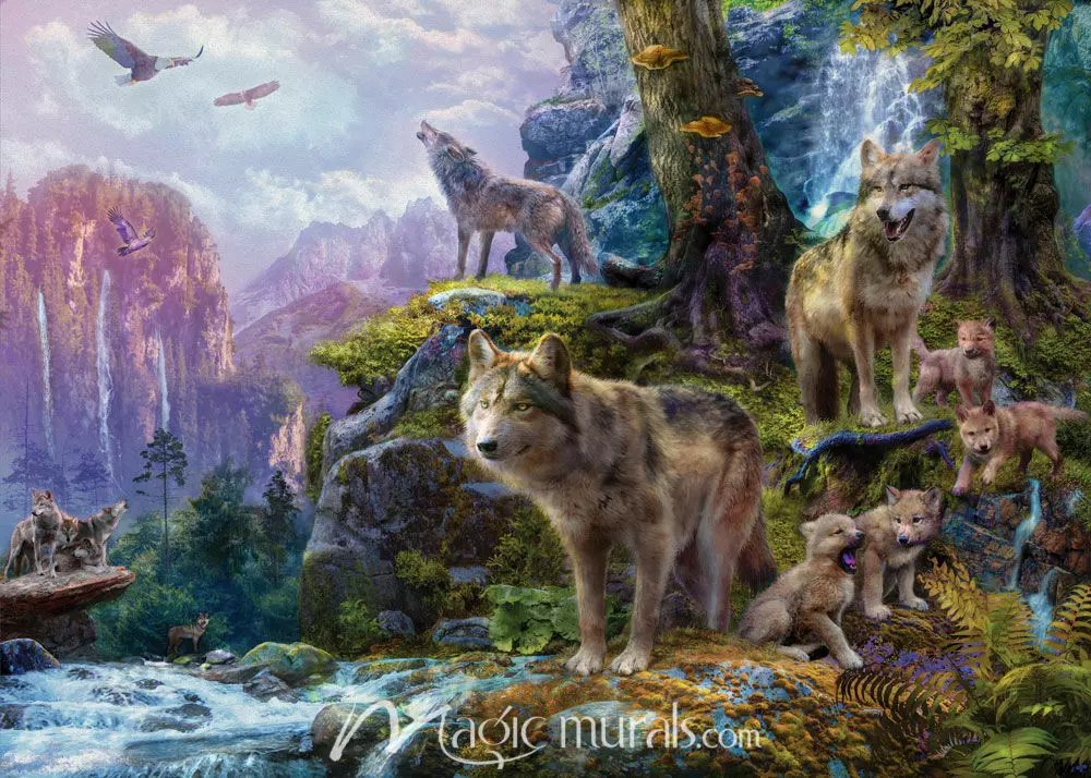 Wolves by the River Wallpaper Wall Mural by Magic Murals