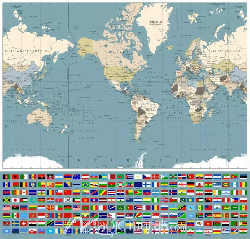 Americas-Centered Wold Map with World Flags Magic Murals