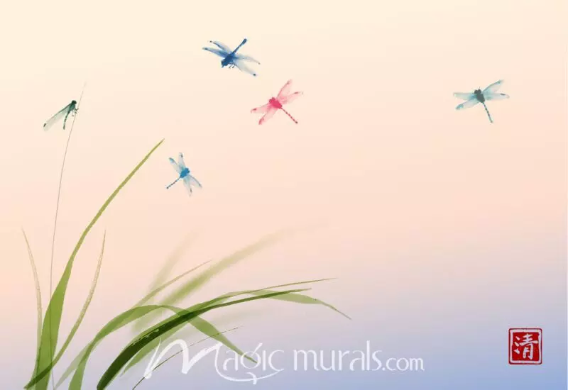 Asian Dragonflies and Grass Color Ink Wash Painting Magic Murals
