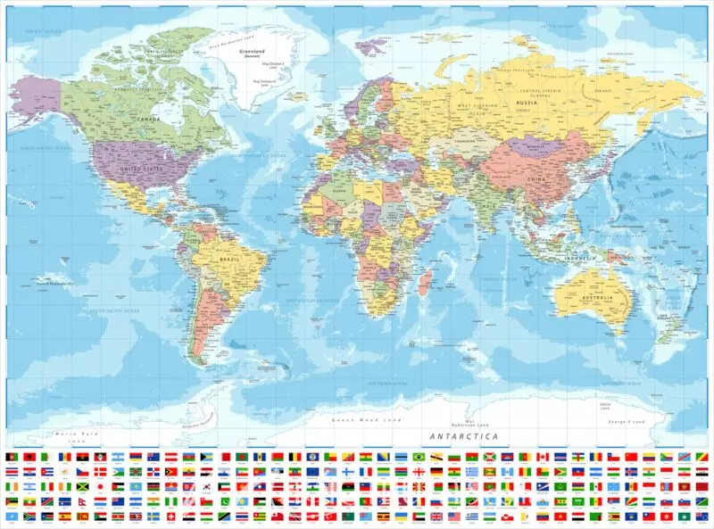Africa-Centered Political World Map with World Flags Magic Murals