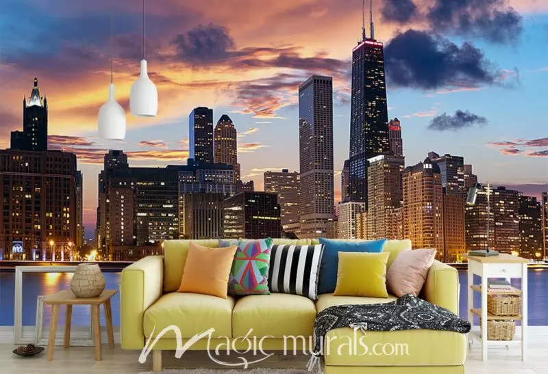 Chicago at Sunset Wallpaper Wall Mural by Magic Murals
