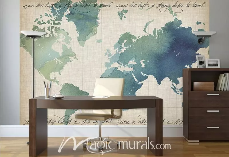 Watercolor World Map Wallpaper Mural by Magic Murals