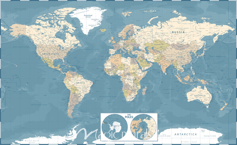 Africa-Centered Political World Map with Poles Illustrated Magic Murals