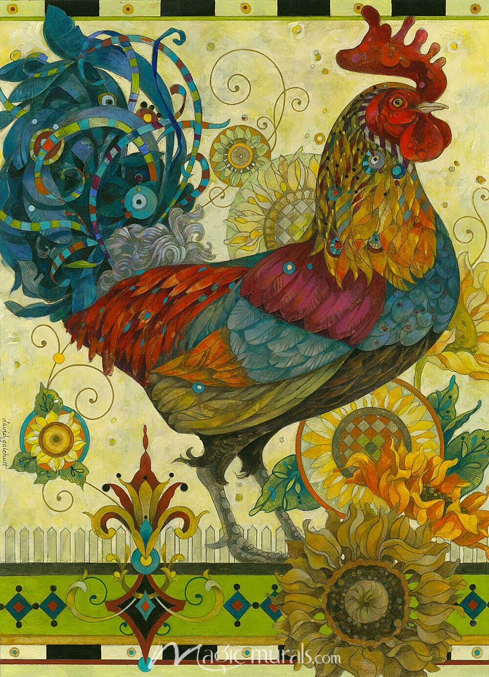Folk Art Rooster Wallpaper Wall Mural by Magic Murals