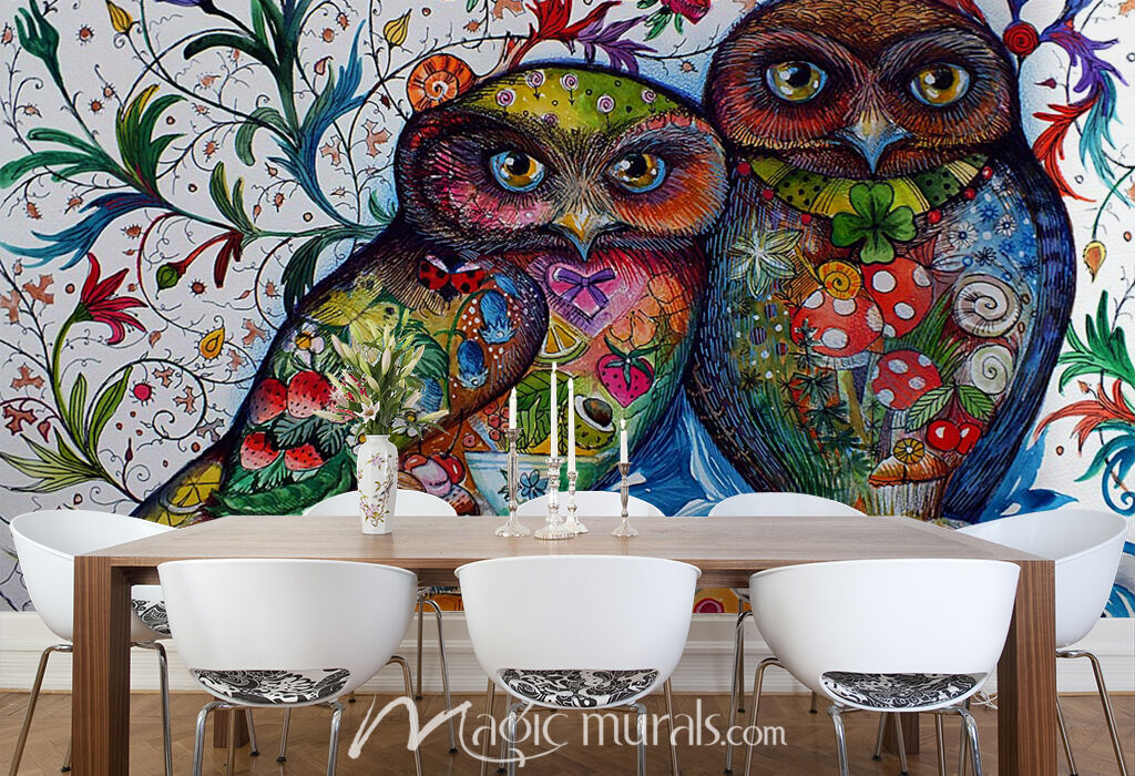 Whimsical Tea Owls Wallpaper Wall Mural by Magic Murals