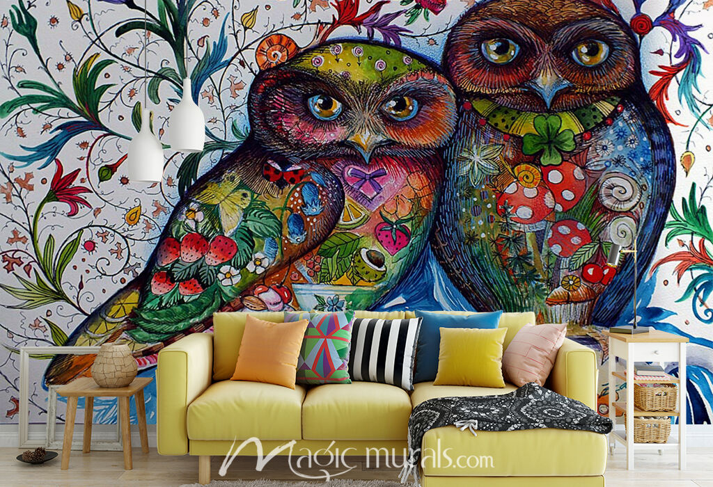 Whimsical Tea Owls Wallpaper Wall Mural by Magic Murals