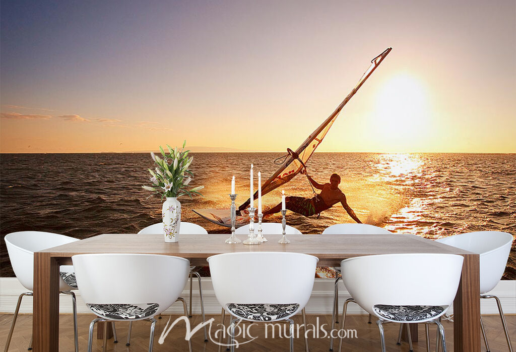 Windsurfer Sailing At Sunset. Wallpaper Mural by Magic Murals