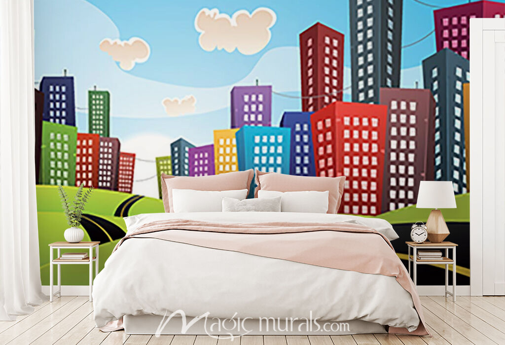 Cartoon Downtown Landscape Wallpaper Mural by Magic Murals