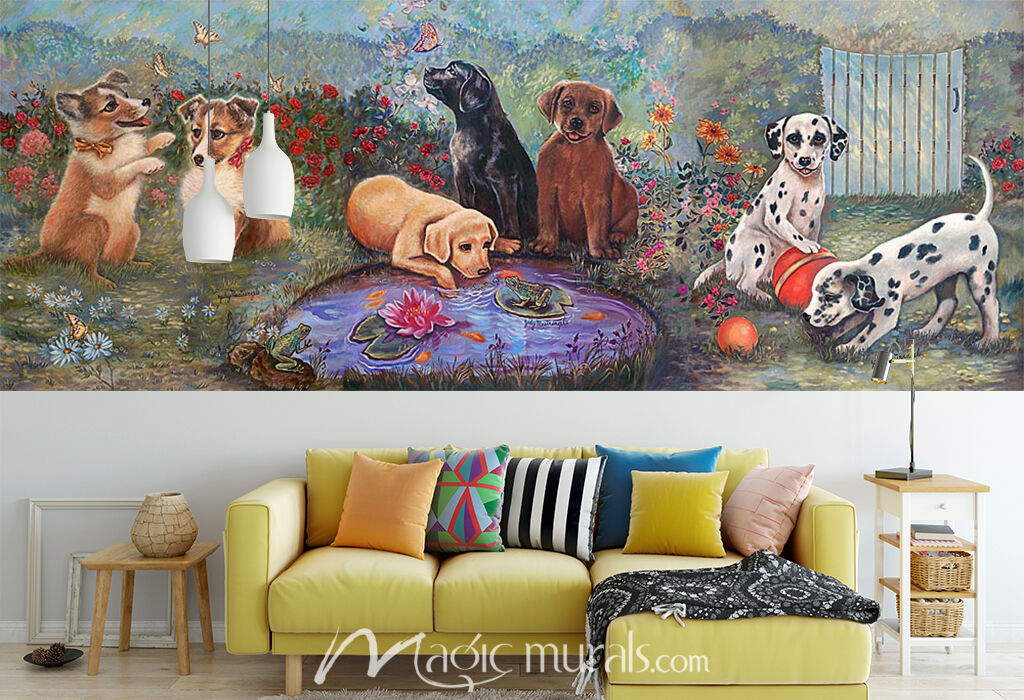 Puppies and Pond Wallpaper Wall Mural by Magic Murals