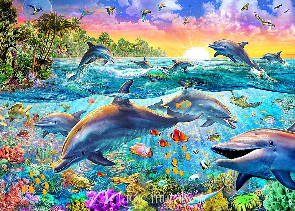 Tropical Dolphins Wallpaper Wall Mural by Magic Murals