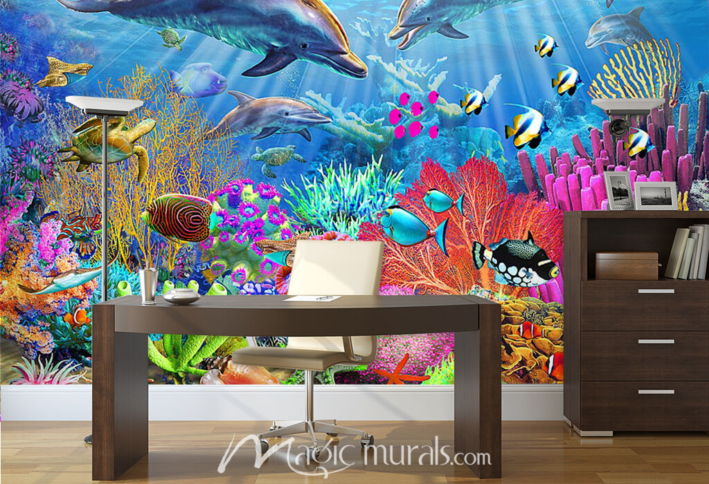 Dolphin Coral Reef Wallpaper Wall Mural by Magic Murals