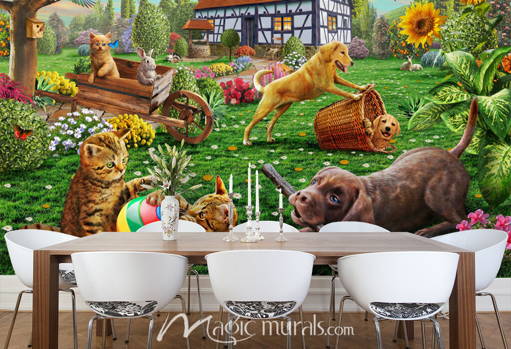 Dogs and Cats at Play Wallpaper Mural by Magic Murals