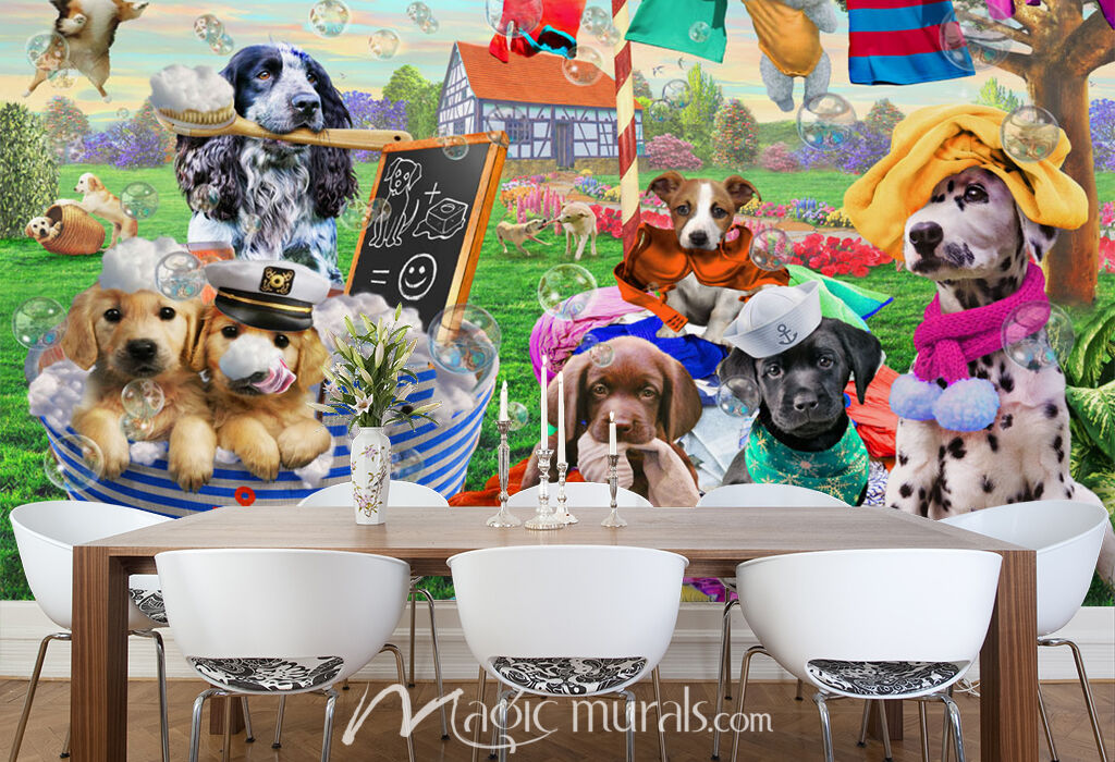 Puppies Having Fun Wallpaper Wall Mural by Magic Murals
