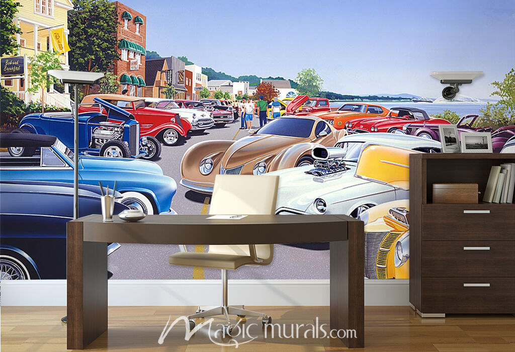 Car Show by Lake Wallpaper Wall Mural by Magic Murals