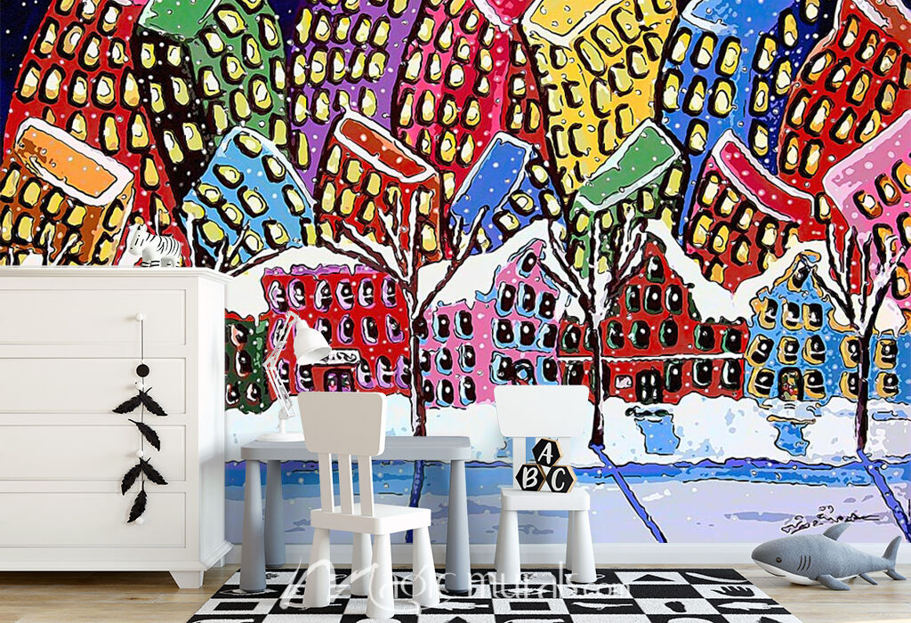 Stylized Winter City Street Wallpaper Mural by Magic Murals