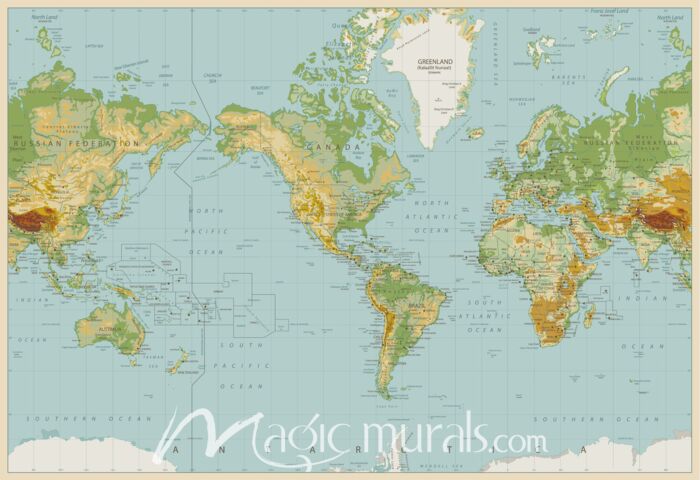 Physical World Map with Country Names Mural by Magic Murals