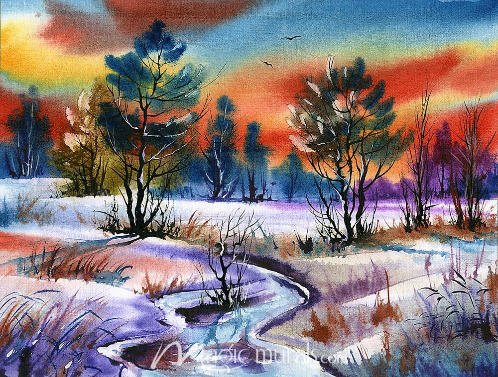 Winter Water Color Wallpaper Wall Mural by Magic Murals