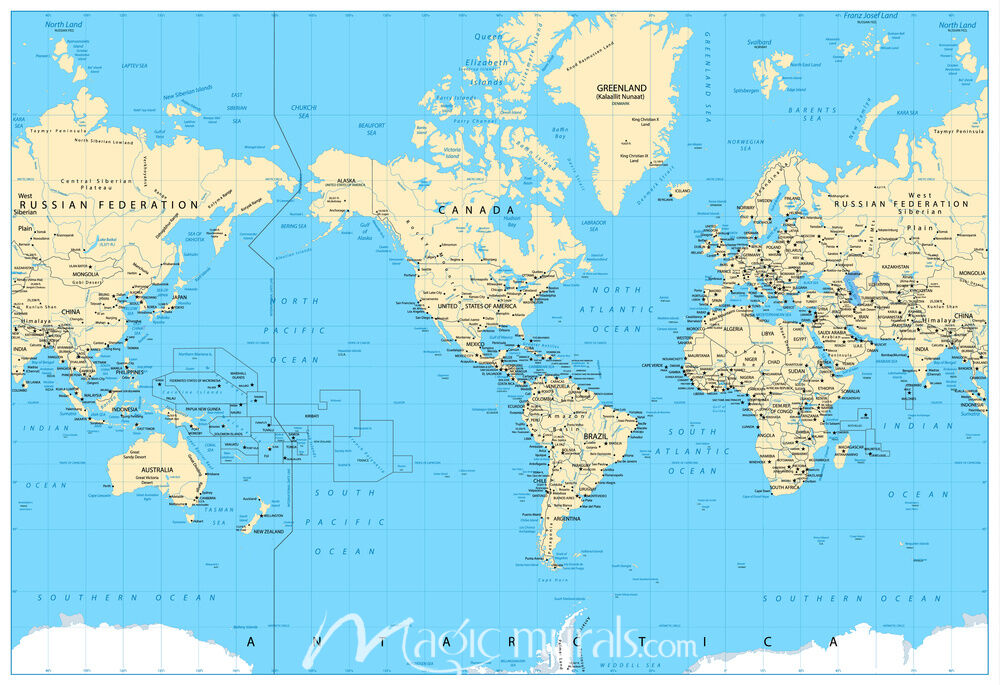 Americas-Centered World Map with Dateline on Blue Magic Murals