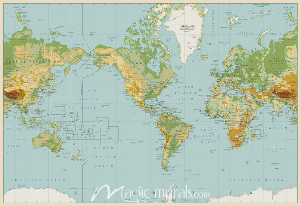 Physical World Map with Country Names Mural by Magic Murals