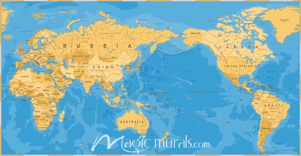 Pacific-Centered Political World Map in Beige and Blue Magic Murals