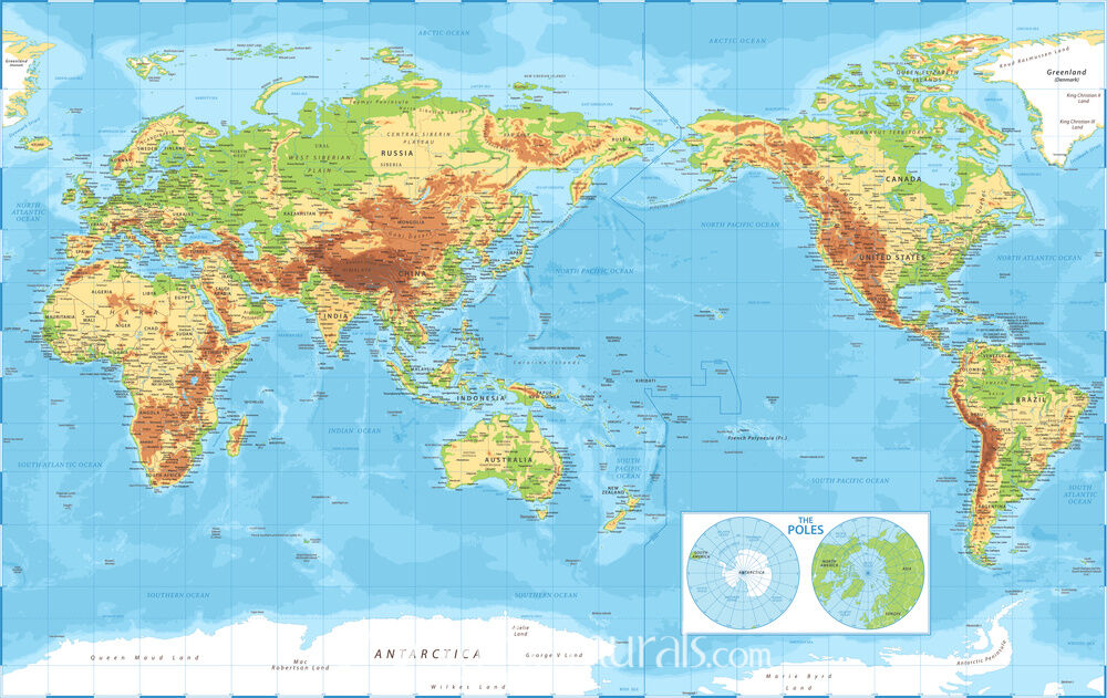 Pacific-Centered Physical World Map with Poles Illustrated II