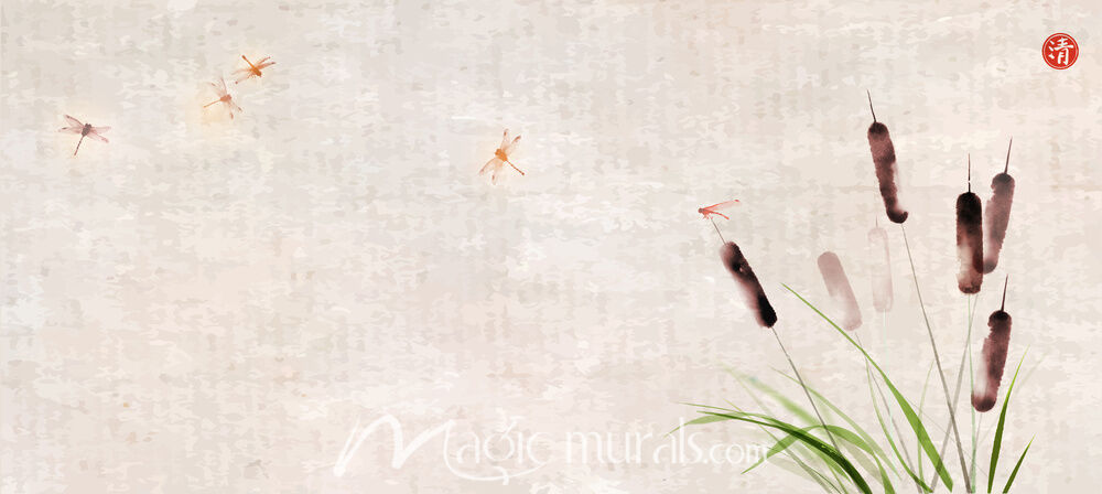 Cattail Reeds and Dragonflies Ink Wash 4943 Magic Murals