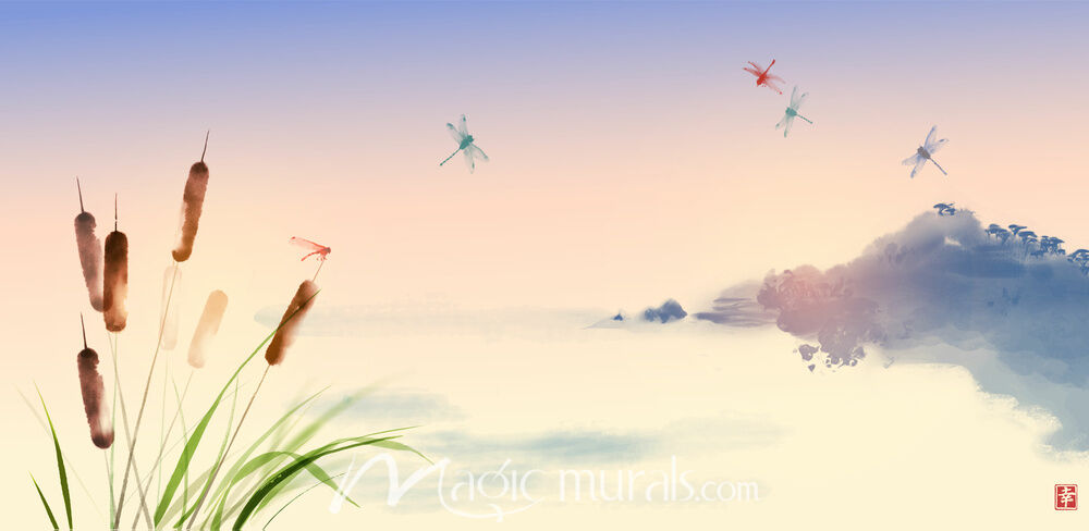 Cattails and Dragonflies Ink Wash 8127 Mural by Magic Murals