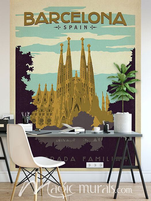 Vintage Barcelona Poster Wallpaper Mural by Magic Murals