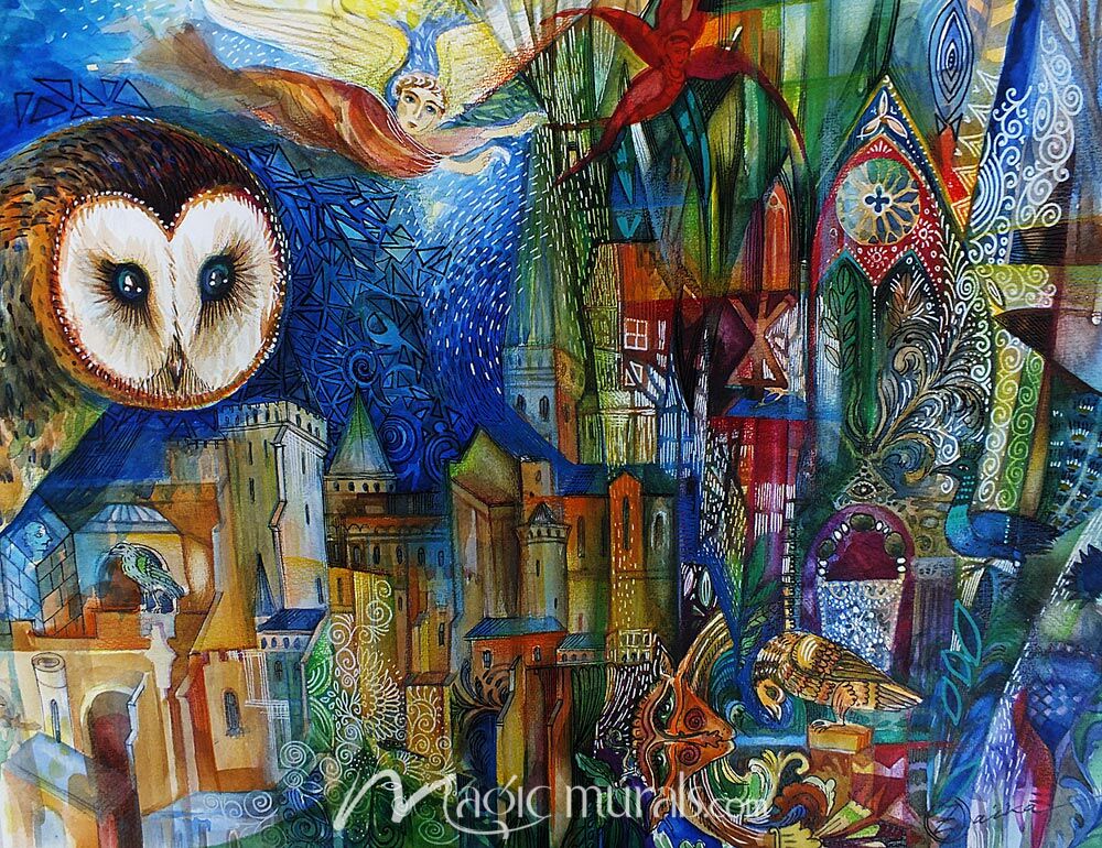 Owl and Angel Wallpaper Wall Mural by Magic Murals