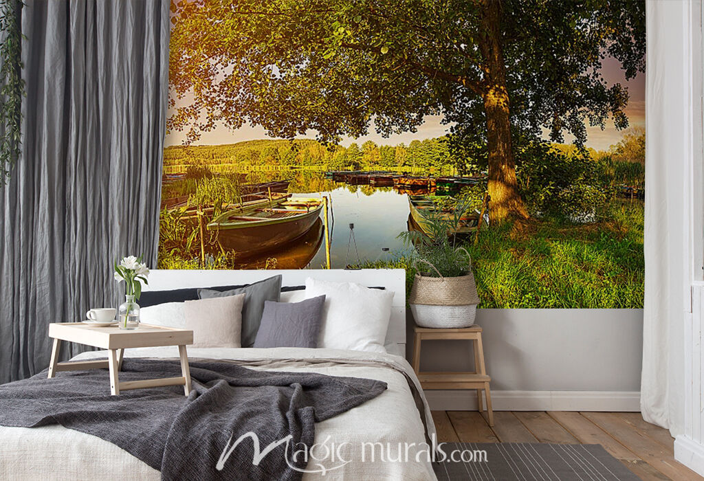 Boats in SMALL Lake Wallpaper Wall Mural by Magic Murals
