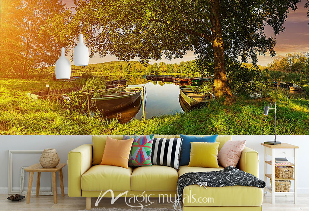 Boats in SMALL Lake Wallpaper Wall Mural by Magic Murals