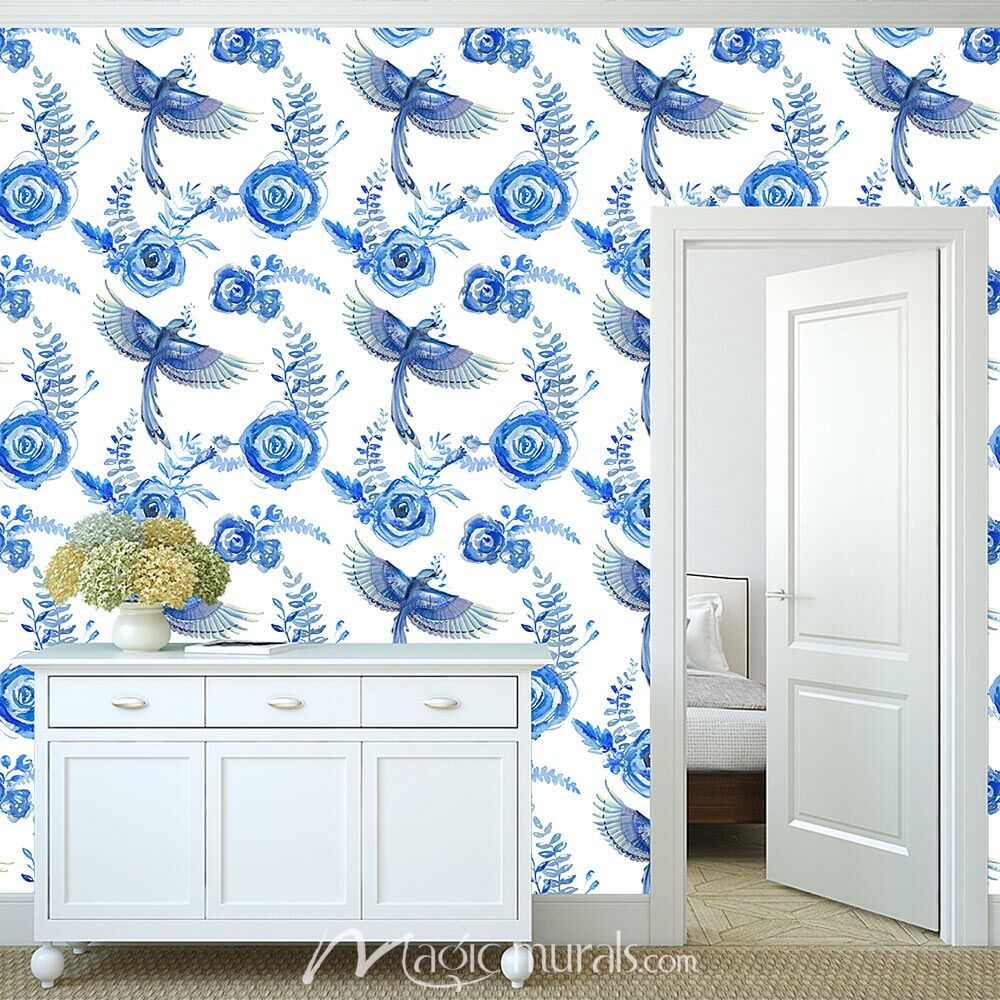 Blue Watercolor Fauna Wallpaper Mural by Magic Murals