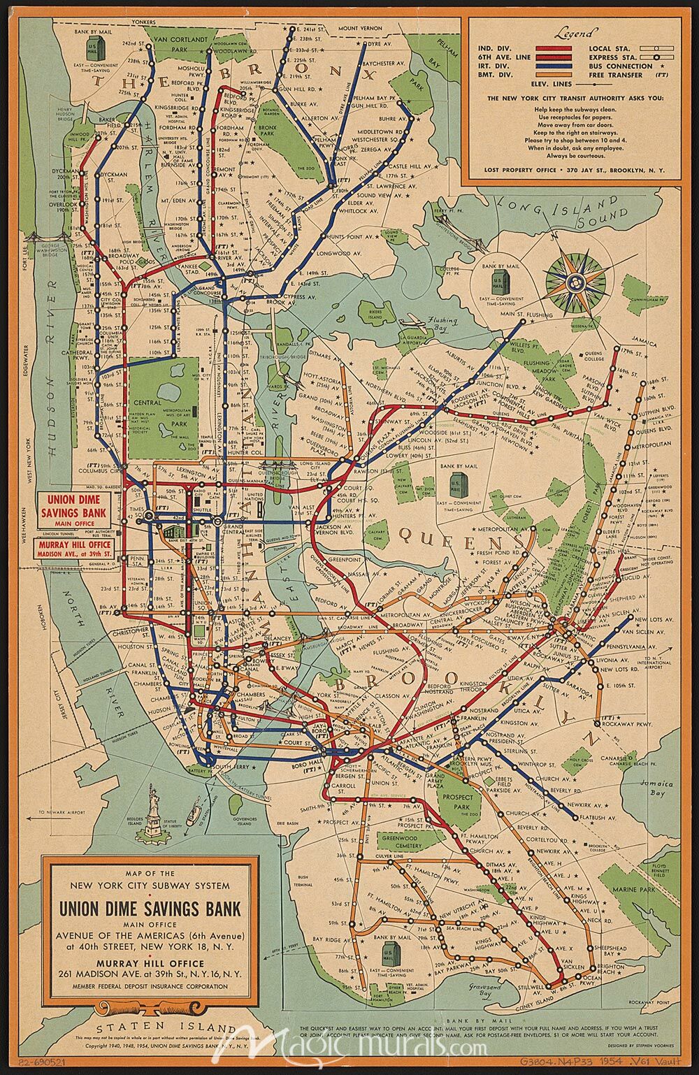 NYC Subway Map 1954 Wallpaper Wall Mural by Magic Murals