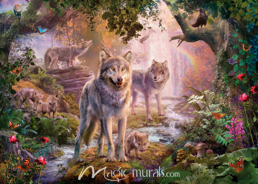 Wolves and Cubs in Forest Wallpaper Mural by Magic Murals