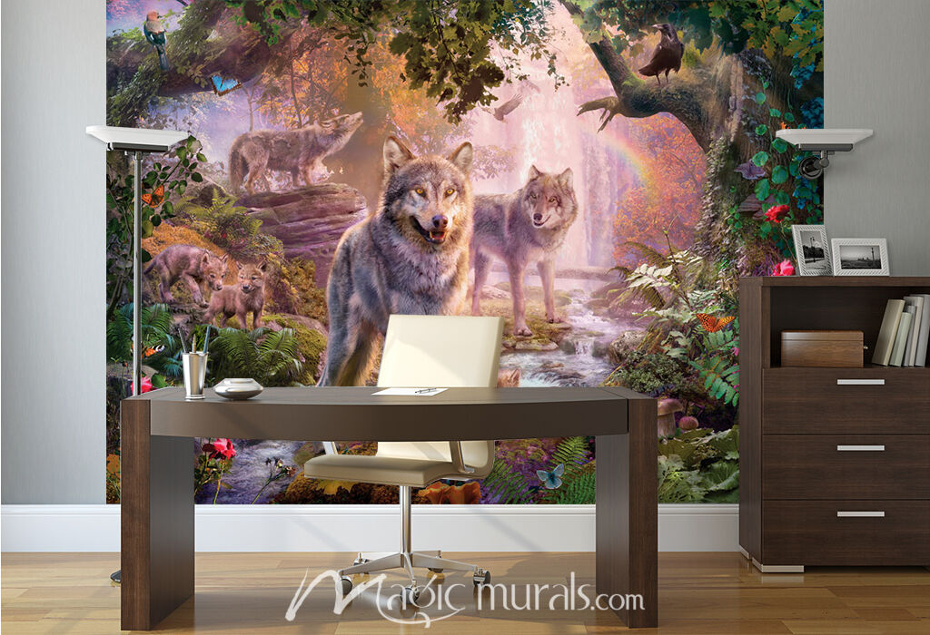 Wolves and Cubs in Forest Wallpaper Mural by Magic Murals