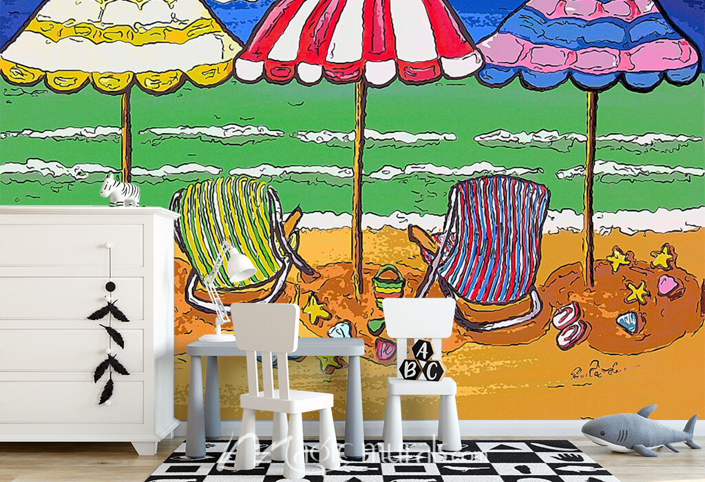 3 Beach Umbrellas Wallpaper Wall Mural by Magic Murals