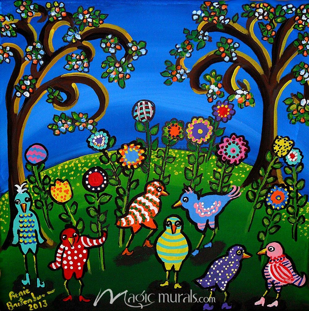 Fun Funky Birds & Blossoms Wallpaper Mural by Magic Murals