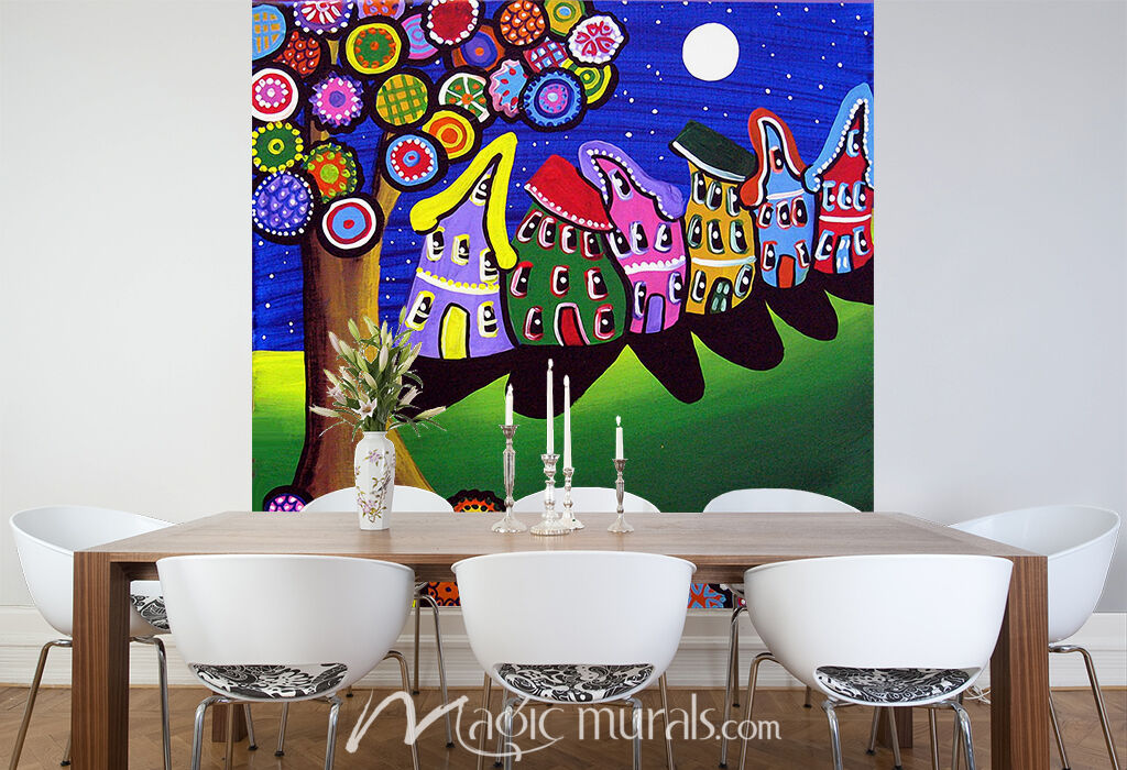 Funky Houses With Blossoms Wallpaper Mural by Magic Murals